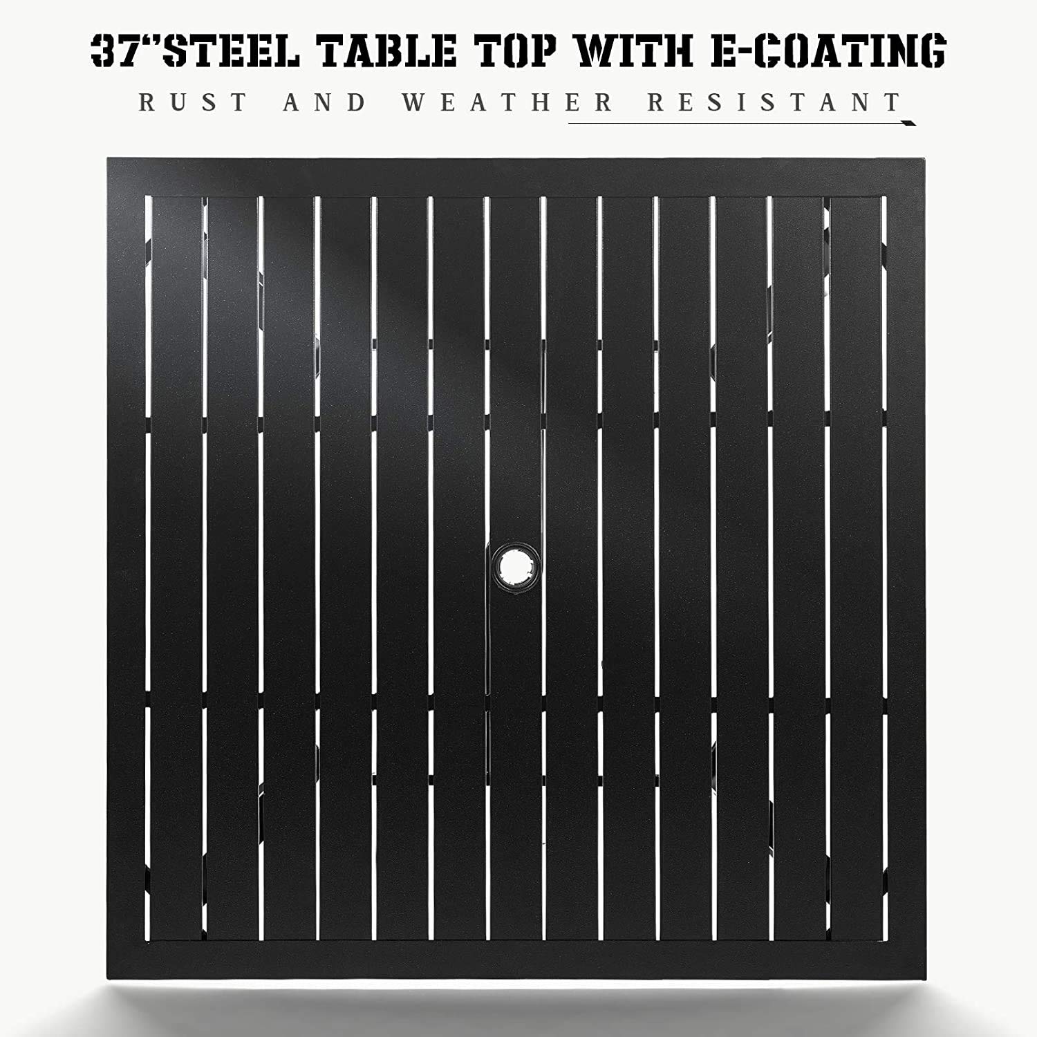 Omelaza 37" x 37" Patio Dining Table, Outdoor Square Bistro Metal Table with Steel Slat Table Top for Porch Deck Garden Backyard Poolside, 1.57" Umbrella Hole, Black