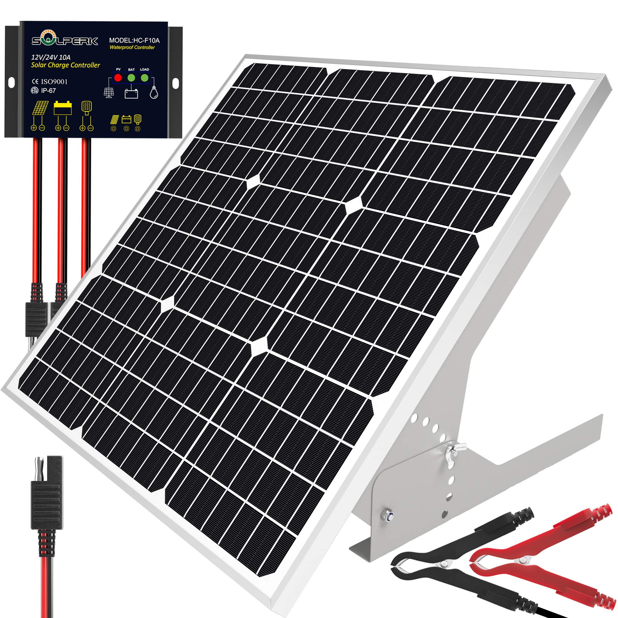 SOLPERK 50W/12V Solar Panel Kit, Solar Battery Trickle Charger Maintainer + Waterproof Controller + Adjustable Mount Bracket for Automotive Motorcycle Boat Marine RV Camping Roof