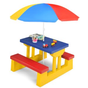 honey joy kids picnic table, toddler plastic outdoor table & bench set with umbrella, children patio furniture set for backyard garden, kids picnic tables for outdoors, gift for boys girls age 3+