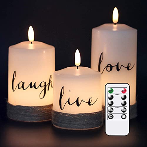 GenSwin Flameless LED Candles with Hemp Rope & Remote Timer, Real Wax Battery Operated Pillar Candles Live Laugh Love, Realistic 3D Wick Flickering Gift (D3 x H4.7 5.7" 6.7", Pack of 3)