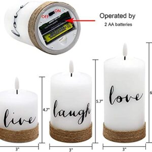 GenSwin Flameless LED Candles with Hemp Rope & Remote Timer, Real Wax Battery Operated Pillar Candles Live Laugh Love, Realistic 3D Wick Flickering Gift (D3 x H4.7 5.7" 6.7", Pack of 3)