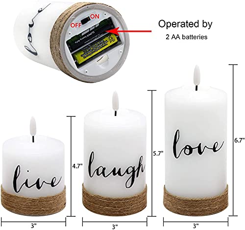 GenSwin Flameless LED Candles with Hemp Rope & Remote Timer, Real Wax Battery Operated Pillar Candles Live Laugh Love, Realistic 3D Wick Flickering Gift (D3 x H4.7 5.7" 6.7", Pack of 3)