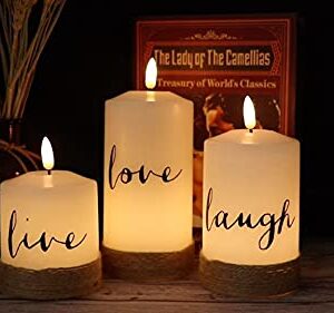 GenSwin Flameless LED Candles with Hemp Rope & Remote Timer, Real Wax Battery Operated Pillar Candles Live Laugh Love, Realistic 3D Wick Flickering Gift (D3 x H4.7 5.7" 6.7", Pack of 3)