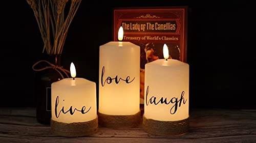 GenSwin Flameless LED Candles with Hemp Rope & Remote Timer, Real Wax Battery Operated Pillar Candles Live Laugh Love, Realistic 3D Wick Flickering Gift (D3 x H4.7 5.7" 6.7", Pack of 3)