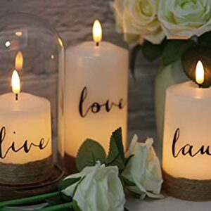 GenSwin Flameless LED Candles with Hemp Rope & Remote Timer, Real Wax Battery Operated Pillar Candles Live Laugh Love, Realistic 3D Wick Flickering Gift (D3 x H4.7 5.7" 6.7", Pack of 3)