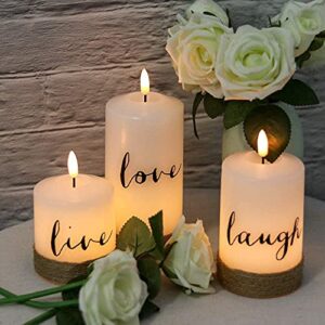 GenSwin Flameless LED Candles with Hemp Rope & Remote Timer, Real Wax Battery Operated Pillar Candles Live Laugh Love, Realistic 3D Wick Flickering Gift (D3 x H4.7 5.7" 6.7", Pack of 3)