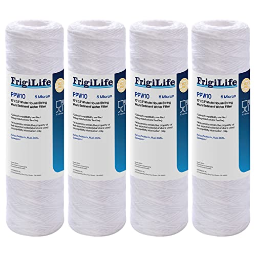 FrigiLife 5 Micron 10" x 2.5" String Wound Sediment Water Filter Cartridge for Well filter Universal Replacement with Any 10 inch RO Unit, WP-5, CFS110, Aqua-Pure AP110, WP-5, Culligan P5,(Pack of 4)