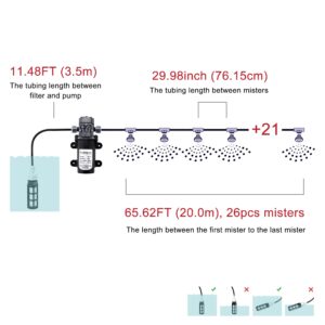 Mornajina Outdoor Misting Cooling System with Pump Kit, 65.6FT(20M) Misting Line with Filter, 26 Brass Mist Nozzles, 1 Brass Adapter (3/4"), 12V DC 60W 5L/Min, Self Priming Sprayer Water Pump