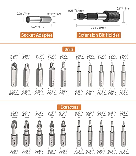 Raynesys Damaged Screw Extractor Set, 22 PCS Easy Out Stripped Screw Extractor Kit, Alloy Steel Screw Remover for Home DIY Garden Wood Extractor,with Magnetic Extension Bit Holder and Socket Adapter