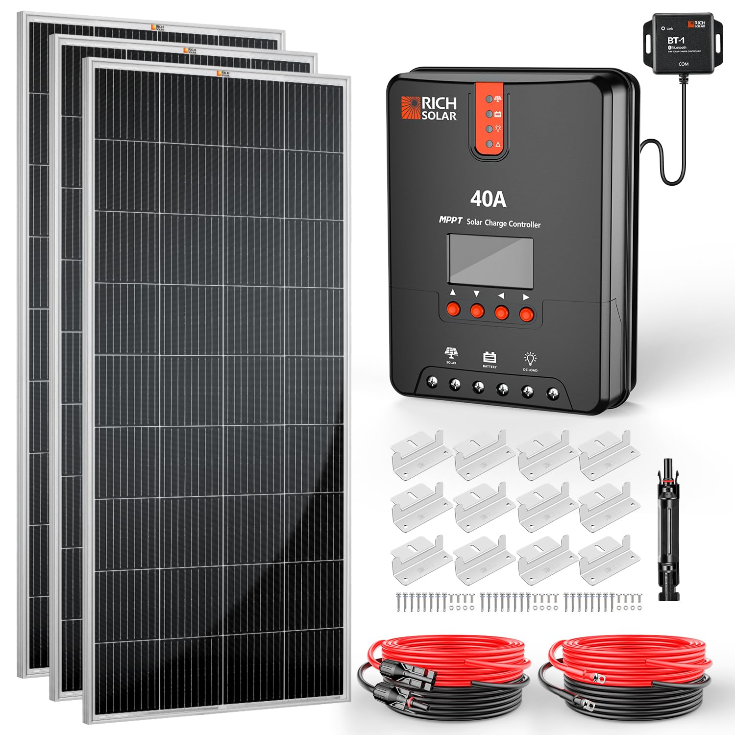 RICH SOLAR 600 Watt 12 Volt 3 Pcs 200W Panel+40A MPPT Charge Controller+ Bluetooth Module Fuse+ Mounting Z Brackets+Adaptor Kit +Tray Cables Set,Grid 12V Solar Power System