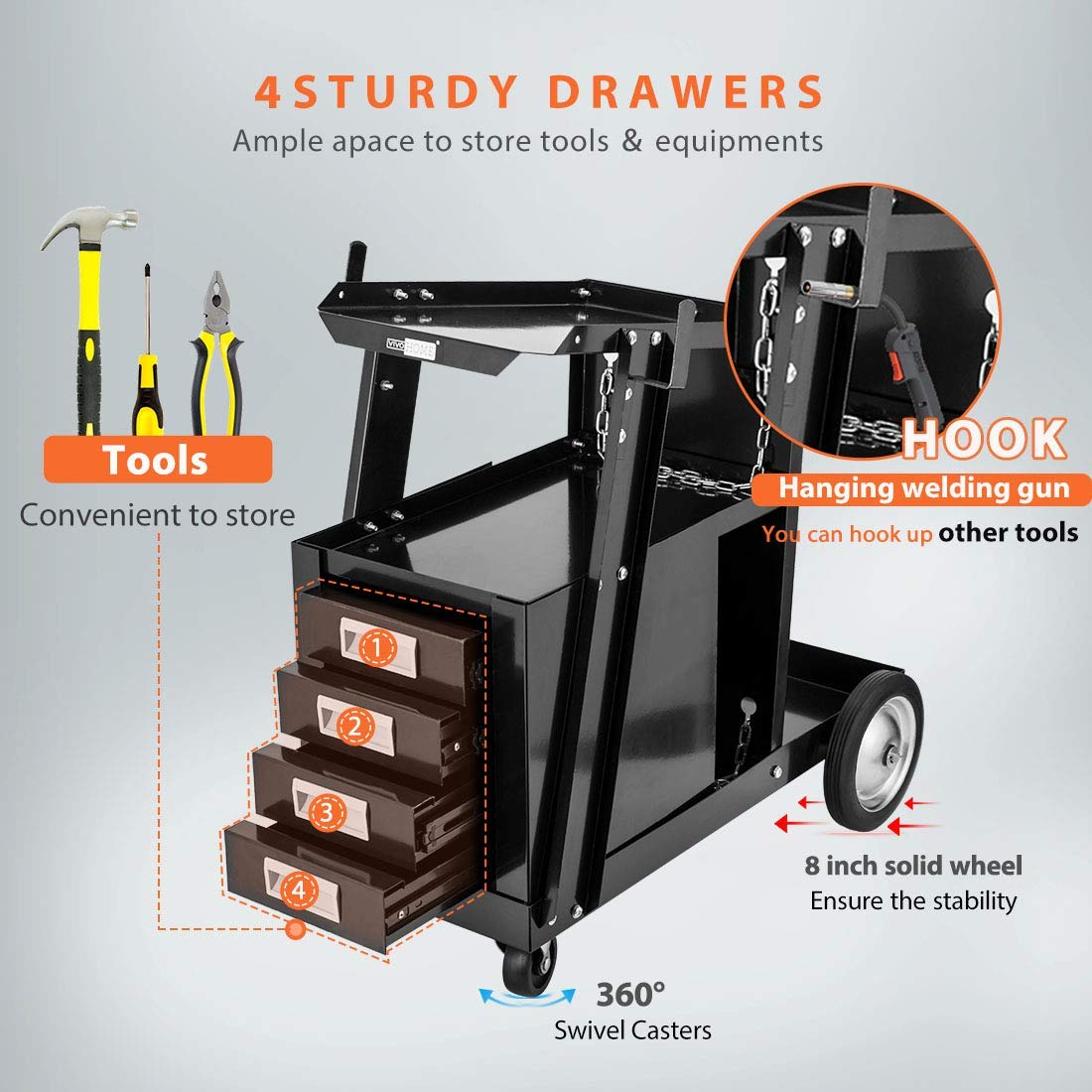 VIVOHOME Portable Flux Core Wire No Gas MIG 130 Welder Machine 110V Black with Iron Rolling Welding Cart with 4 Drawers Wheels and Tank Storage Combo Set