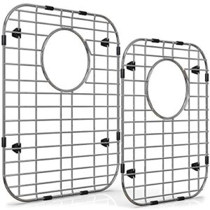 wexbi kitchen sink protectors for double kitchen sink, stainless steel sink grid, set of two metal sink protector mat 16 x 13 in, 14.5 x 11.26 in, grid sink bottom protector with rear drain