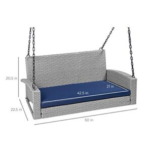 Best Choice Products Woven Wicker Outdoor Porch Swing, Hanging Patio Bench for Deck, Garden w/Mounting Chains, Seat Cushion - Gray/Navy