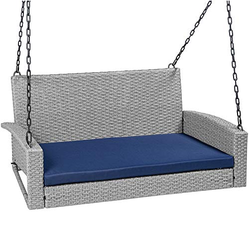 Best Choice Products Woven Wicker Outdoor Porch Swing, Hanging Patio Bench for Deck, Garden w/Mounting Chains, Seat Cushion - Gray/Navy