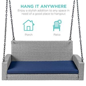 Best Choice Products Woven Wicker Outdoor Porch Swing, Hanging Patio Bench for Deck, Garden w/Mounting Chains, Seat Cushion - Gray/Navy