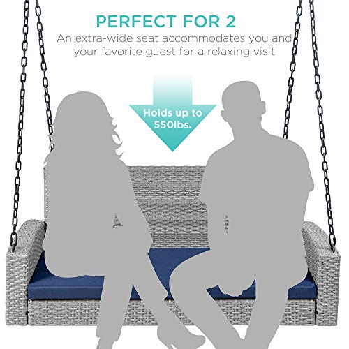 Best Choice Products Woven Wicker Outdoor Porch Swing, Hanging Patio Bench for Deck, Garden w/Mounting Chains, Seat Cushion - Gray/Navy