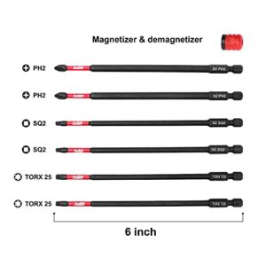 Protorq Long Impact Bit Set, PH2 SQ2 T25, 6-Inch Length, 6-Piece with 1-Piece Magnetizer & demagnetizer