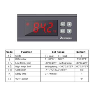 KETOTEK KT8230 Digital Temperature Controller Thermostat Regulator 120VAC 30A Fahrenheit -22~572℉ Heating Cooling for Incubator Brooder Refrigerator Fermenter Greenhouse Reptile