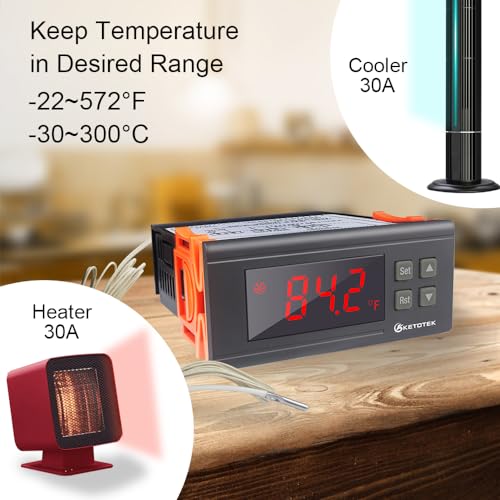 KETOTEK KT8230 Digital Temperature Controller Thermostat Regulator 120VAC 30A Fahrenheit -22~572℉ Heating Cooling for Incubator Brooder Refrigerator Fermenter Greenhouse Reptile