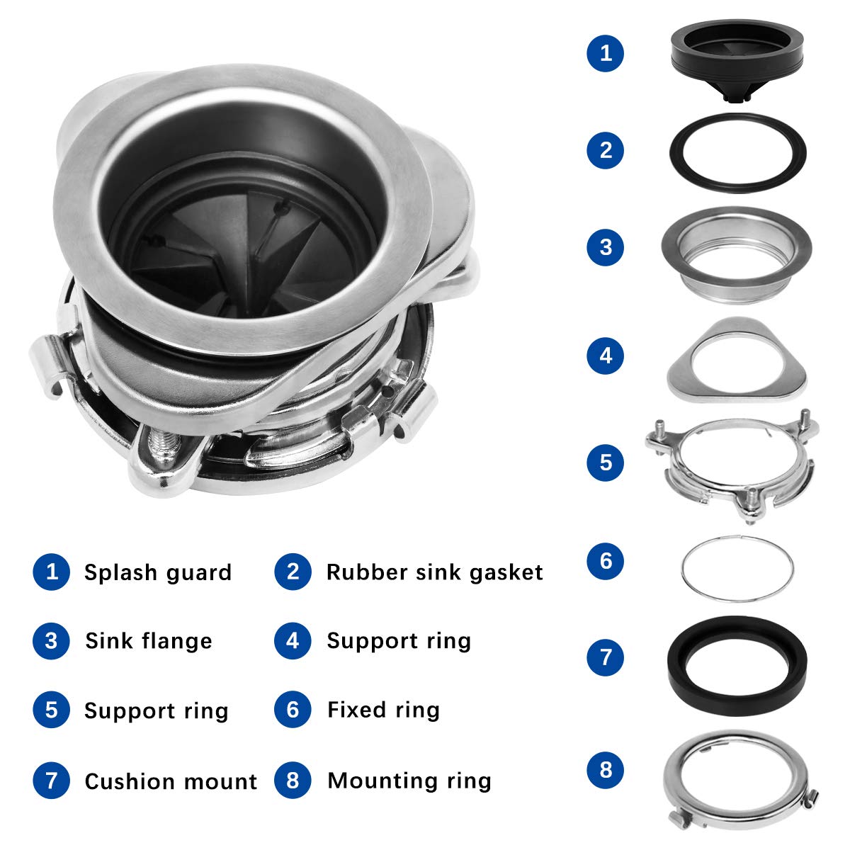 Garbage Disposal Flange, 3 Bolt Mount Stainless Steel Kitchen Sink Flange Kit with Splash Guard for 3 1/2 Inch Standard Sink Drain Hole, Sink Food Waste Disposer Installation kit