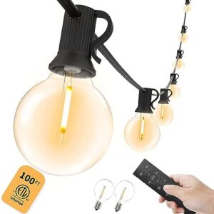 yuusei outdoor string light with remote, 100ft outdoor lights for patio with 50+2 shatterproof g40 edison bulbs, ip45 waterproof string lights for backyard,bistro,cafe,market 2500k warm white