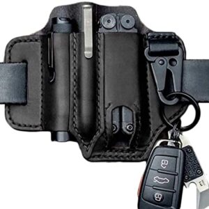 with Key Holder Multi-Tool Pouch, Leather Belt Loop Waist Multitool Sheath, Leather Knife Sheaths Flashlight Holster, Pocket Organizer Pouch EDC Leather Sheath, EDC Leather Organizer Pouch (Black)