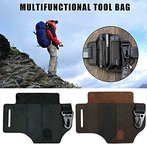 with Key Holder Multi-Tool Pouch, Leather Belt Loop Waist Multitool Sheath, Leather Knife Sheaths Flashlight Holster, Pocket Organizer Pouch EDC Leather Sheath, EDC Leather Organizer Pouch (Black)