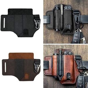 with Key Holder Multi-Tool Pouch, Leather Belt Loop Waist Multitool Sheath, Leather Knife Sheaths Flashlight Holster, Pocket Organizer Pouch EDC Leather Sheath, EDC Leather Organizer Pouch (Black)