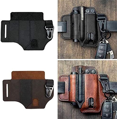 with Key Holder Multi-Tool Pouch, Leather Belt Loop Waist Multitool Sheath, Leather Knife Sheaths Flashlight Holster, Pocket Organizer Pouch EDC Leather Sheath, EDC Leather Organizer Pouch (Black)