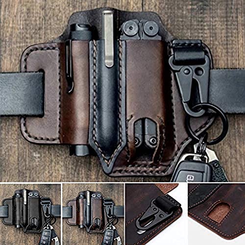 with Key Holder Multi-Tool Pouch, Leather Belt Loop Waist Multitool Sheath, Leather Knife Sheaths Flashlight Holster, Pocket Organizer Pouch EDC Leather Sheath, EDC Leather Organizer Pouch (Black)