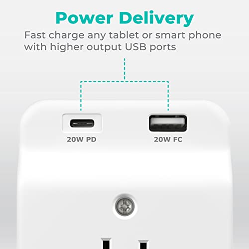 KMC USB-C PD Surge Protector 3-Outlet Wall Tap, USB-C Power Delivery Charger and USB-A Fast Charging Port, 500J Surge Protection, Wall Mountable Outlet Adapter for Home, Office, Dorm Essentials, White