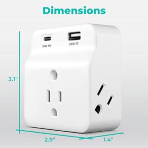 KMC USB-C PD Surge Protector 3-Outlet Wall Tap, USB-C Power Delivery Charger and USB-A Fast Charging Port, 500J Surge Protection, Wall Mountable Outlet Adapter for Home, Office, Dorm Essentials, White