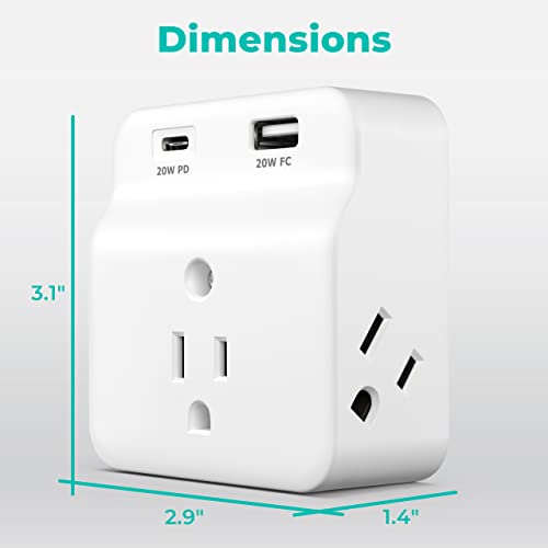 KMC USB-C PD Surge Protector 3-Outlet Wall Tap, USB-C Power Delivery Charger and USB-A Fast Charging Port, 500J Surge Protection, Wall Mountable Outlet Adapter for Home, Office, Dorm Essentials, White