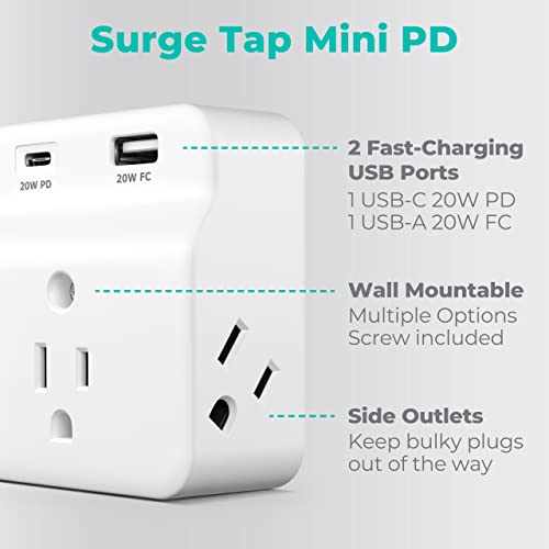 KMC USB-C PD Surge Protector 3-Outlet Wall Tap, USB-C Power Delivery Charger and USB-A Fast Charging Port, 500J Surge Protection, Wall Mountable Outlet Adapter for Home, Office, Dorm Essentials, White