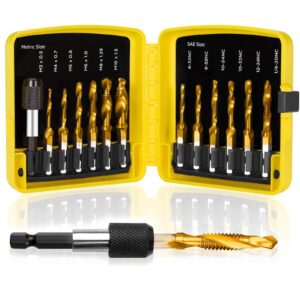 topec tap bit set, 3-in-1 hss titanium coated drill tap combination, 13 pcs sae/metric threading tap drill bit set with 1/4 inch hex shank, and quick-change adapter