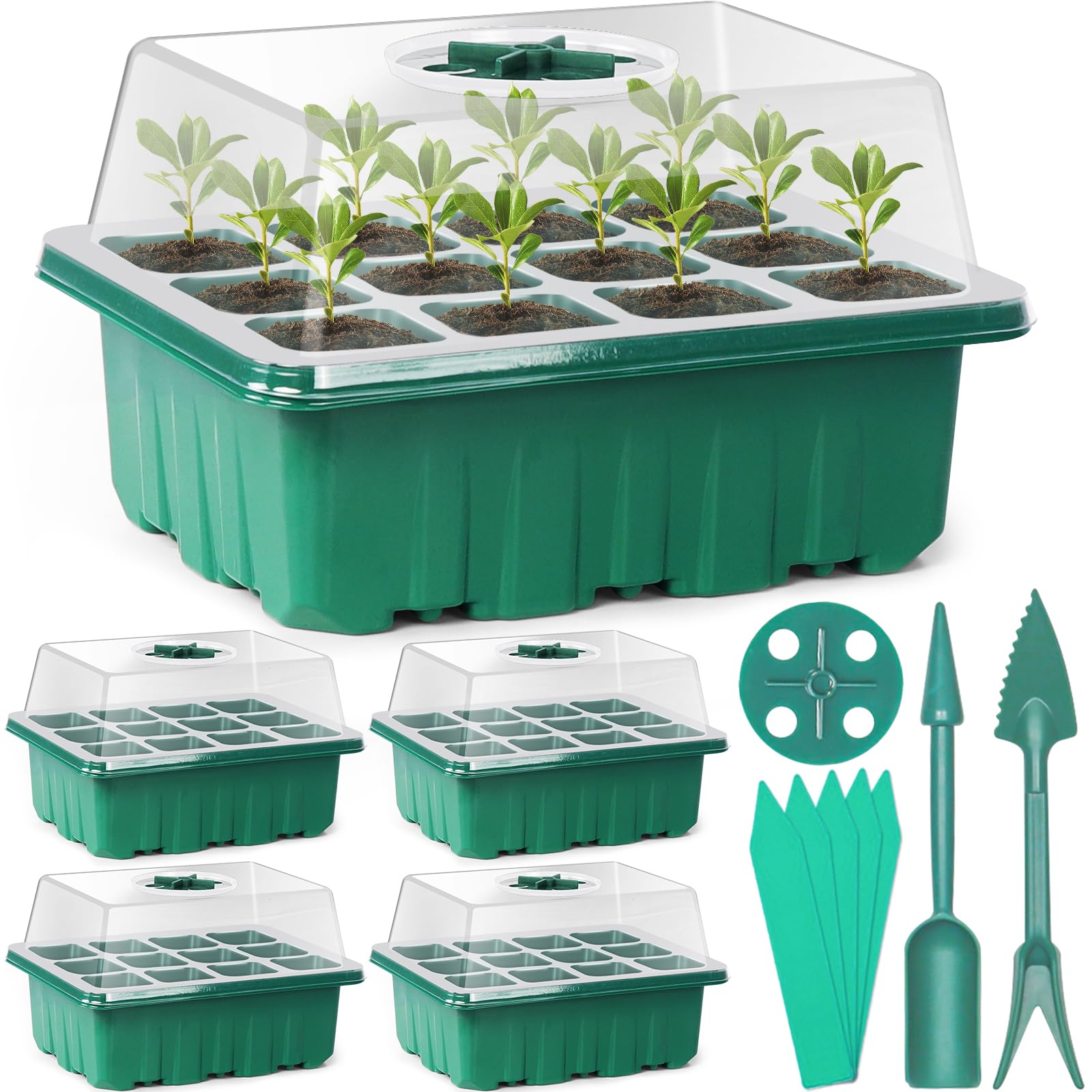 Sfee 5 Pack Seed Starter Tray Kit, 60 Cells Seedling Starter Trays with Humidity Dome and Base Greenhouse Growing Trays, Reusable Seed Germination Seedling Tray with Garden Tools Labels (Green)