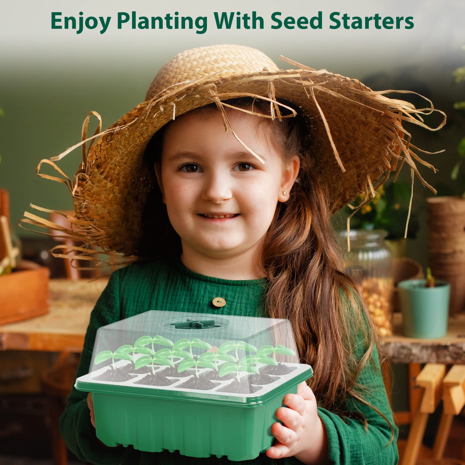 Sfee 5 Pack Seed Starter Tray Kit, 60 Cells Seedling Starter Trays with Humidity Dome and Base Greenhouse Growing Trays, Reusable Seed Germination Seedling Tray with Garden Tools Labels (Green)