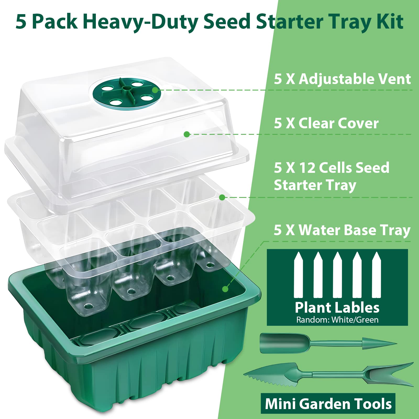 Sfee 5 Pack Seed Starter Tray Kit, 60 Cells Seedling Starter Trays with Humidity Dome and Base Greenhouse Growing Trays, Reusable Seed Germination Seedling Tray with Garden Tools Labels (Green)