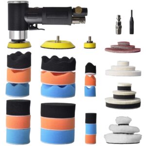 48 pcs mini random orbital air sander kit, high-speed mini air sander polisher, includes 1-inch and 2-inch and 3-inch polisher pad kit polishing sponge & wool pads sandpapers, pneumatic sander kit