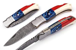 sharpedge 8.25" texas flag custom handmade damascus steel blade pattern welded camping and hunting pocket folding survival knife with a genuine leather sheath | sw-716 |