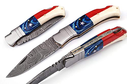 SharpEdge 8.25" Texas Flag Custom Handmade Damascus Steel Blade Pattern Welded Camping and Hunting Pocket Folding Survival Knife with a Genuine Leather Sheath | SW-716 |