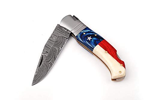 SharpEdge 8.25" Texas Flag Custom Handmade Damascus Steel Blade Pattern Welded Camping and Hunting Pocket Folding Survival Knife with a Genuine Leather Sheath | SW-716 |