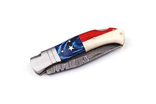 SharpEdge 8.25" Texas Flag Custom Handmade Damascus Steel Blade Pattern Welded Camping and Hunting Pocket Folding Survival Knife with a Genuine Leather Sheath | SW-716 |