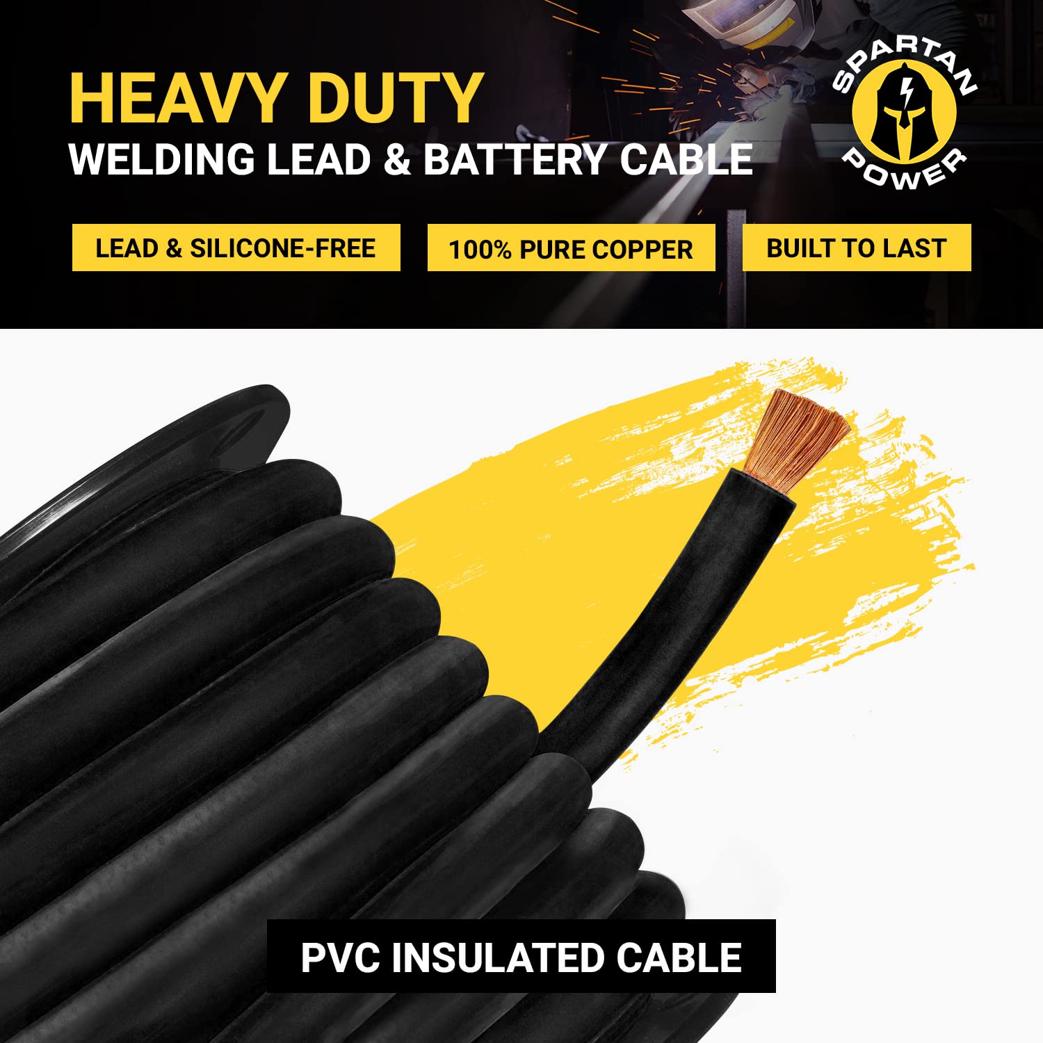 Spartan Power Welding Lead & Car Battery Cable Copper Wire - DIY Bulk Car Battery Cable, Pro American Made Automotive Grade Battery Cable - 600 Volt, 4 AWG, 10 Foot, Black