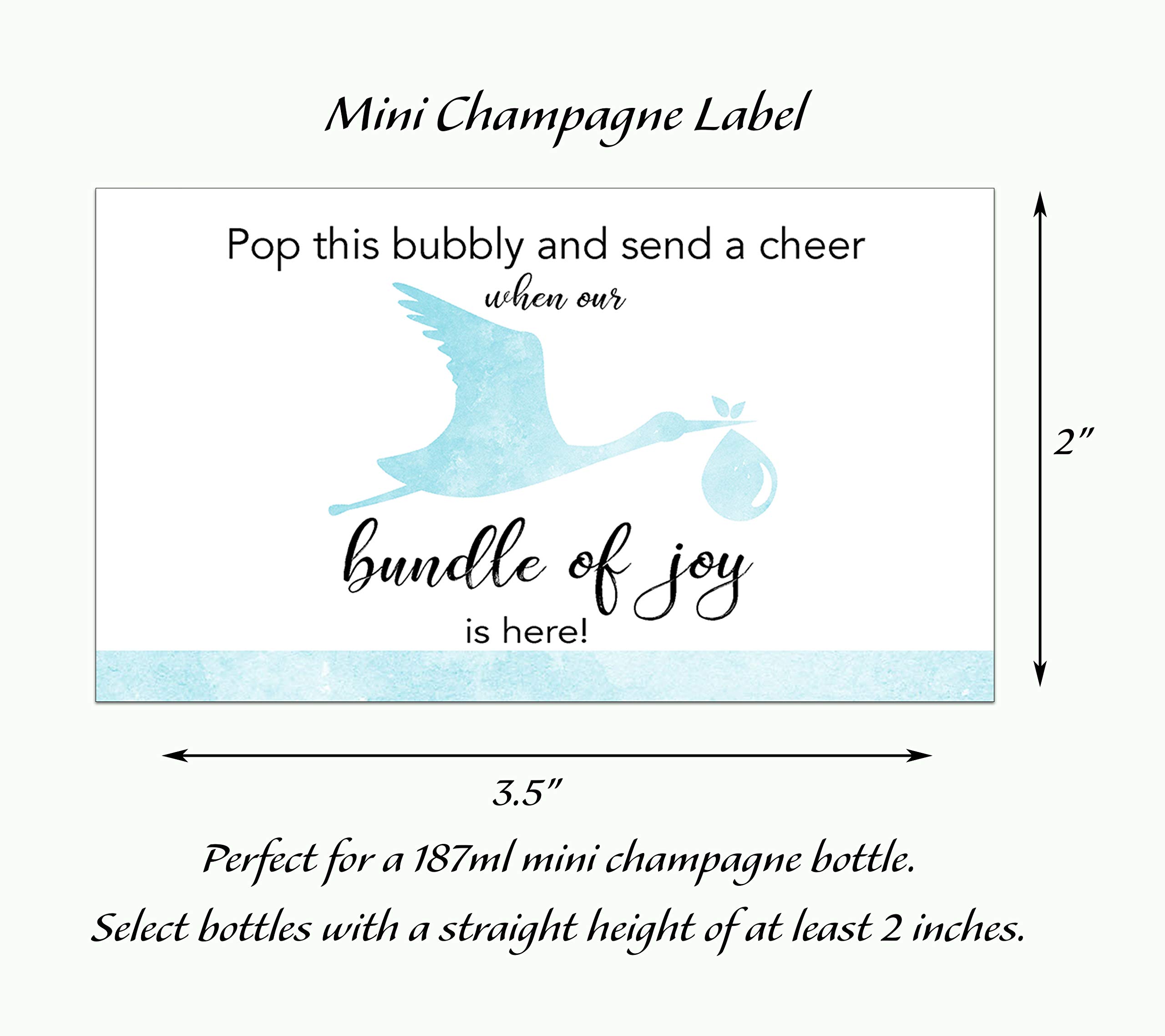 BABY BOY Baby Shower Mini Champagne Labels - She’s About To POP Mini Champagne Bottle Labels ● SET of 12 ● Thank You for Celebrating with us - Blue Stork Bundle of Joy Favors WATERPROOF M101-STORK-12