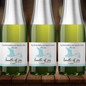 BABY BOY Baby Shower Mini Champagne Labels - She’s About To POP Mini Champagne Bottle Labels ● SET of 12 ● Thank You for Celebrating with us - Blue Stork Bundle of Joy Favors WATERPROOF M101-STORK-12