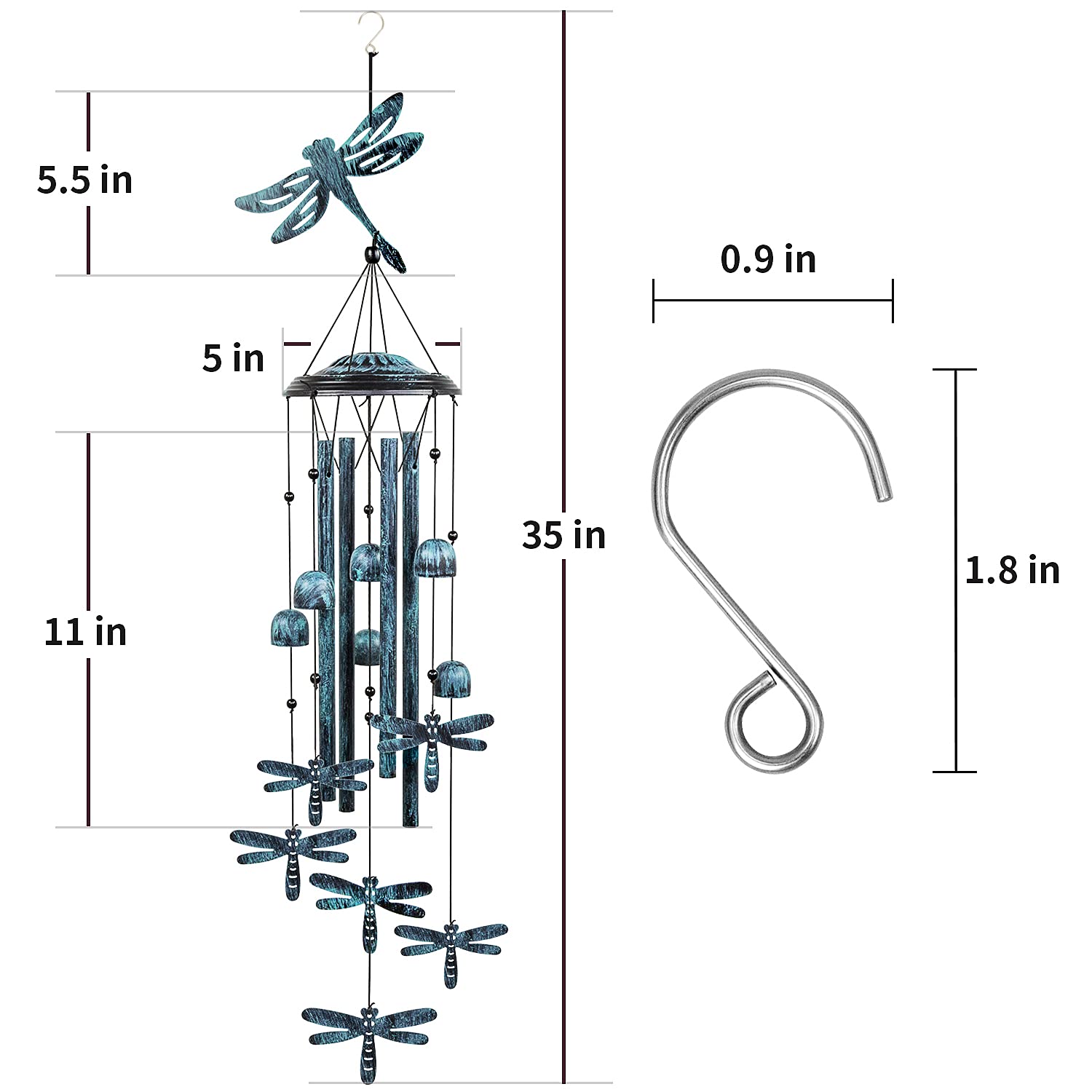 Monsiter QE Outdoors Wind Chimes with 4 Aluminum Tubes - Dragonfly S Hook, Wind Bells Hanging Decorate for Patio, Garden, Backyard or Porch