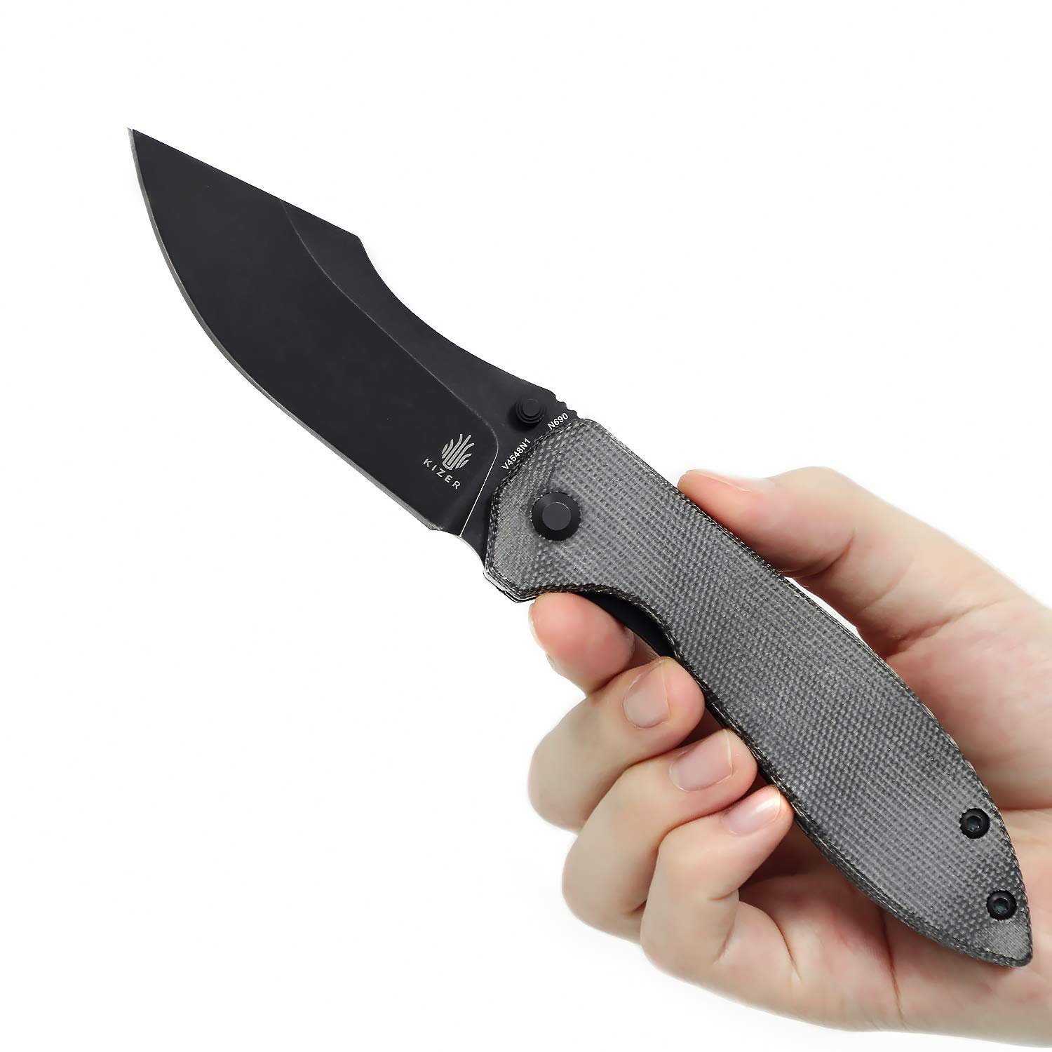 Kizer Folding Knife, Black N690 Steel Blade with Thumb-Stud, Micarta Handle with Pocket Clip, V4548N1