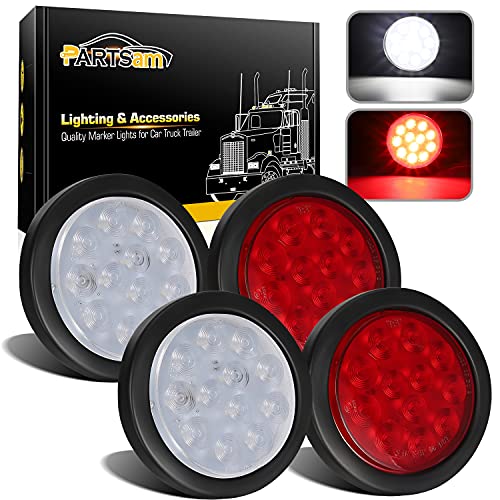 Partsam 4Pcs 4" Inch Round Led Stop Turn Tail Back-up Reverse Fog Lights 12 LED Include Lights Grommet 3-Prong Wire Pigtails Round LED Trailer Tail Light Kit for Truck Trailer RV(2 Red + 2 White)