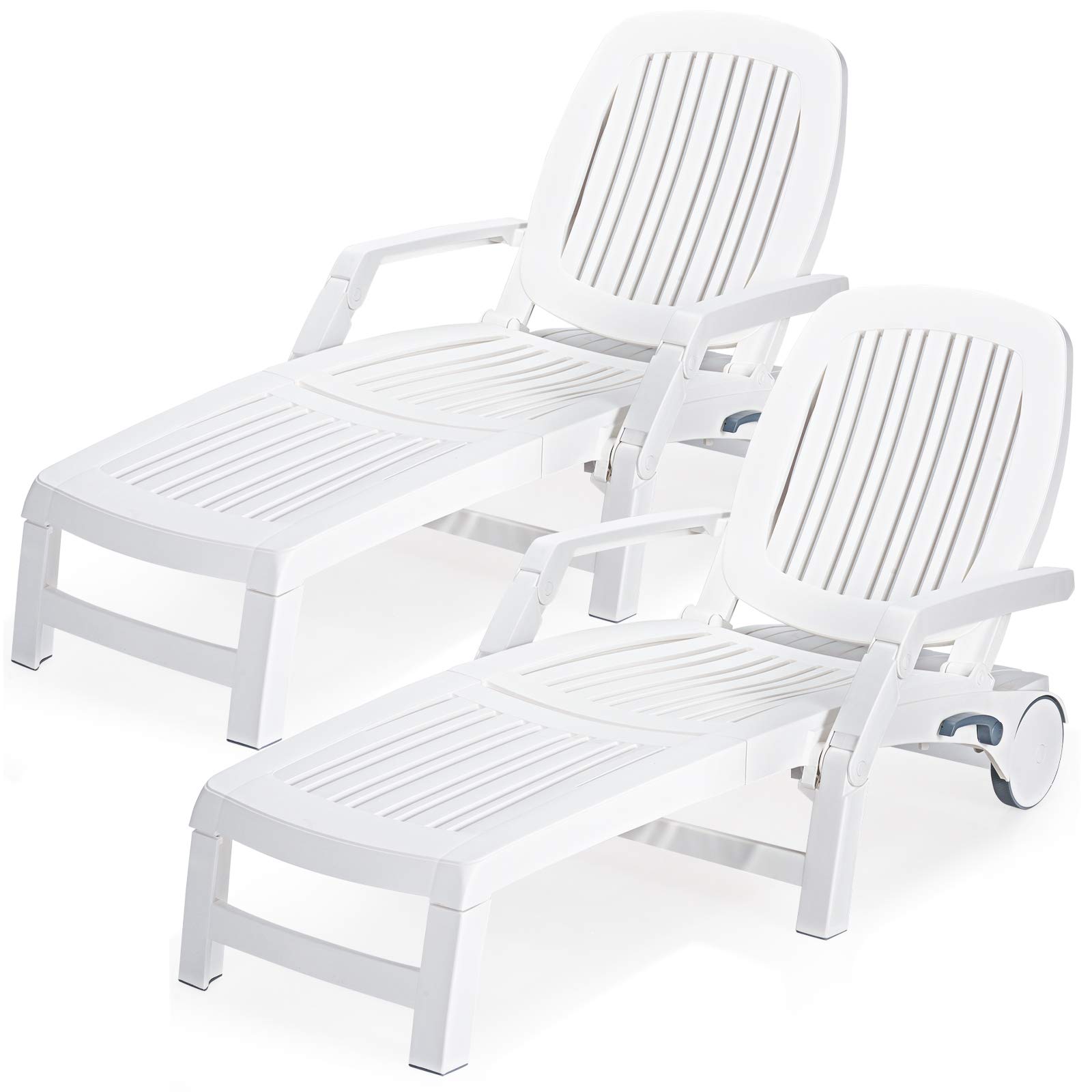 Giantex Chaise Lounge Outdoor 6 Adjustable Backrests Lounge Chair Recliner with Wheels for Patio, Poolside, Garden Foldable Beach Sunbathing Lounger(2, White)